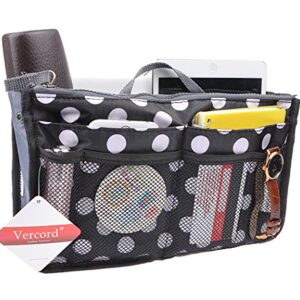 Vercord Purse Organizer Insert for Handbags Bag Organizers Inside Tote Pocketbook Women Nurse Nylon 13 Pockets Black Dot Medium