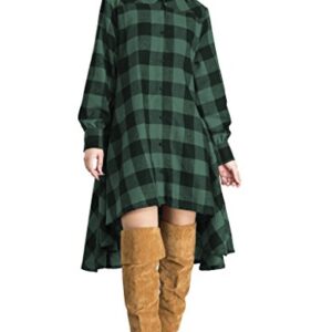 olrain Womens Plaids V Neck Long Sleeve Irregular Hem Casual Shirt Dress (Large, Green)