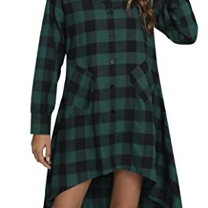 olrain Womens Plaids V Neck Long Sleeve Irregular Hem Casual Shirt Dress (Large, Green)