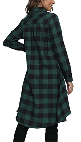 olrain Womens Plaids V Neck Long Sleeve Irregular Hem Casual Shirt Dress (Large, Green)