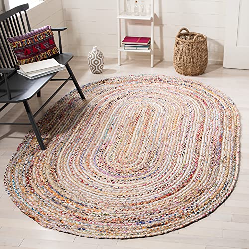 SAFAVIEH Cape Cod Collection Area Rug - 4' x 6' Oval, Beige & Multi, Handmade Boho Braided Jute & Cotton, Ideal for High Traffic Areas in Living Room, Bedroom (CAP202B)