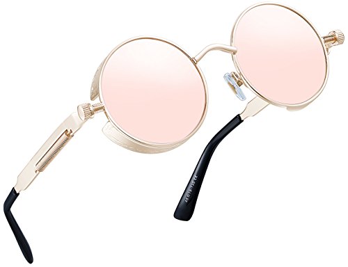 Joopin Mirrored Pink Sunglasses Round Hippie, Steampunk Circle Shades for Women, Halloween Costume Sun Glasses Polarized UV400 Protection Circular Shady Rays Sunnies