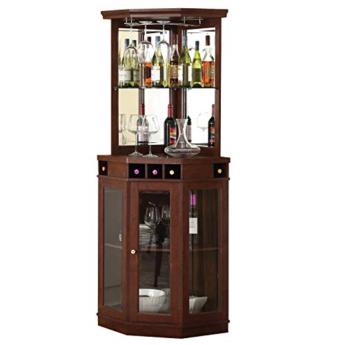 Home Source Splendid Dining Room or Lounge Corner Bar with Wood Frame and 5 Bottle Wine Rack, Mahogany