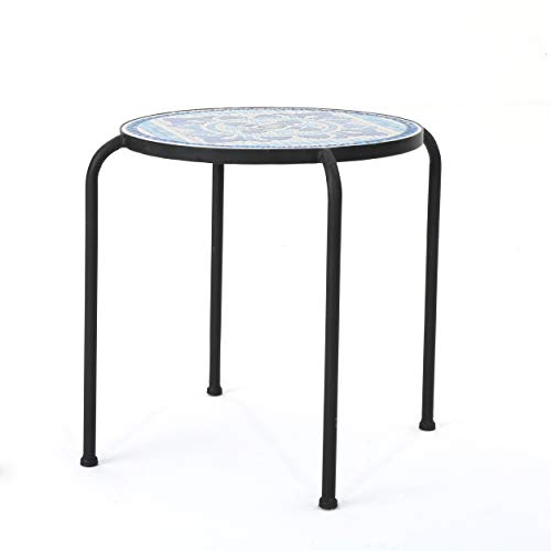 Christopher Knight Home Skye Outdoor Ceramic Tile Side Table with Iron Frame, Blue / White