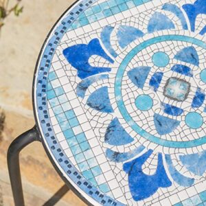 Christopher Knight Home Skye Outdoor Ceramic Tile Side Table with Iron Frame, Blue / White