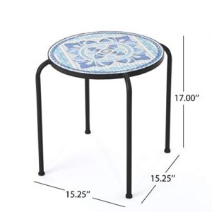 Christopher Knight Home Skye Outdoor Ceramic Tile Side Table with Iron Frame, Blue / White