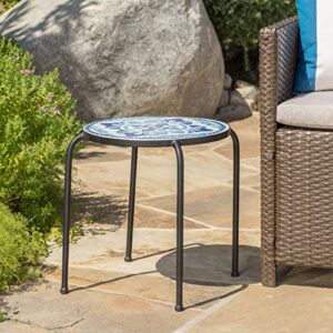 Christopher Knight Home Skye Outdoor Ceramic Tile Side Table with Iron Frame, Blue / White