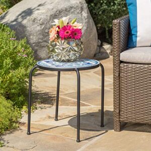 Christopher Knight Home Skye Outdoor Ceramic Tile Side Table with Iron Frame, Blue / White