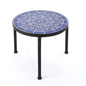 christopher knight home slate outdoor ceramic tile side table with iron frame, blue / white