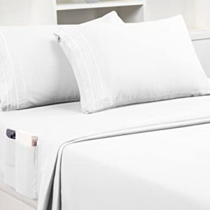 Utopia Bedding Queen Sheet Set – Soft Microfiber 4 Piece Luxury Bed Sheets with Deep Pockets - Embroidered Pillow Cases - Side Storage Pocket Fitted Sheet - Flat Sheet (White)