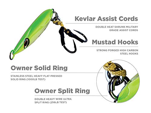 Palomar Flat Fall Jig Slow Pitch Vertical Iron Ocean Lure | MUSTAD Hooks-Owner Rings | Kevlar Assist Cord | 10 Colors-5 Weights | 6-Pack / 2-Pack Bulk Prices | Evolutionary Graphene Paint | US Owned