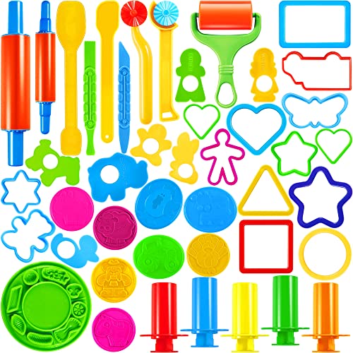 Joyin 44 Pieces Play Dough Accessories Set for Kids, Playdough Tools with Various Plastic Molds, Rolling Pins, Cutters