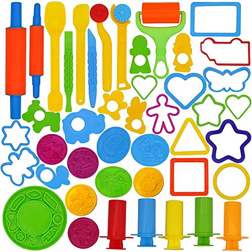 Joyin 44 Pieces Play Dough Accessories Set for Kids, Playdough Tools with Various Plastic Molds, Rolling Pins, Cutters