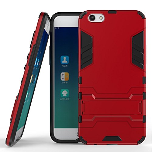 Case for Oppo R9S (5.5 inch) 2 in 1 Shockproof with Kickstand Feature Hybrid Dual Layer Armor Defender Protective Cover (Red)