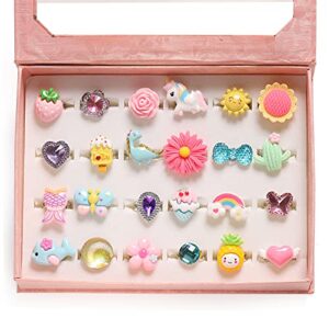 pinksheep little girl jewel rings in box, adjustable, no duplication, girl pretend play and dress up rings (24 lovely ring)