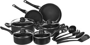 amazon basics non-stick cookware 15-piece set, pots, pans and utensils, black