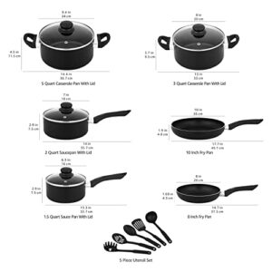 Amazon Basics Non-Stick Cookware 15-Piece Set, Pots, Pans and Utensils, Black