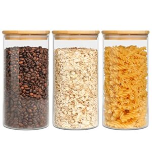 comsaf airtight glass storage containers with bamboo lid (30oz set of 3), clear food storage canisters with lid, kitchen pantry storage jar for flour cereal sugar tea coffee beans snacks, round