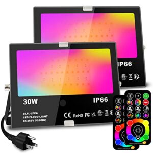 melpo 30w led flood light outdoor 300w equivalent, color changing rgb lights with remote, 120 rgb colors, warm white 2700k, timing, custom mode, uplight landscape lights,ip66 us 3-plug (2 pack)