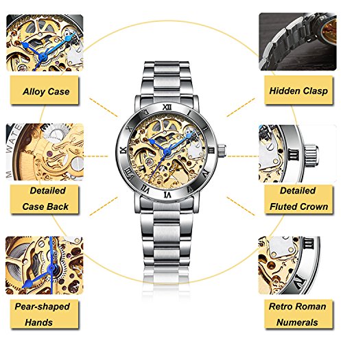 IK Women's Automatic Watch, Steampunk Self Winding Mechanical Bracelet Stainless Steel Wrist Watch for Ladies - Golden Dial