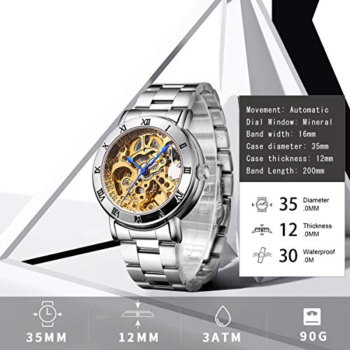 IK Women's Automatic Watch, Steampunk Self Winding Mechanical Bracelet Stainless Steel Wrist Watch for Ladies - Golden Dial