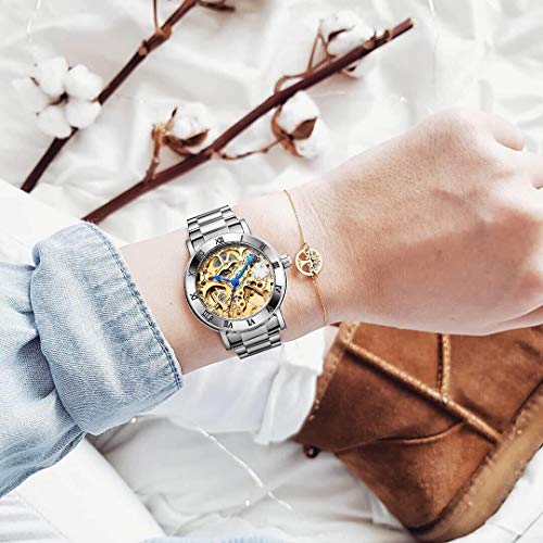 IK Women's Automatic Watch, Steampunk Self Winding Mechanical Bracelet Stainless Steel Wrist Watch for Ladies - Golden Dial