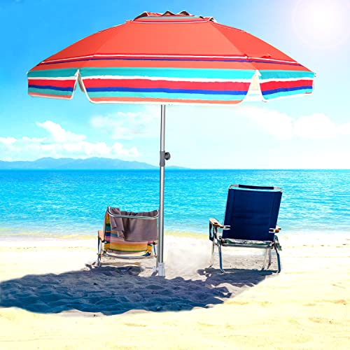 AMMSUN 7ft Heavy Duty HIGH Wind Beach Umbrella with sand anchor & Tilt Sun Shelter, UV 50+ Protection Outdoor Sunshade Umbrellas Carry Bag for Patio Garden Pool Backyard Multicolor Red