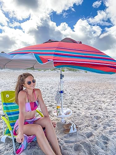 AMMSUN 7ft Heavy Duty HIGH Wind Beach Umbrella with sand anchor & Tilt Sun Shelter, UV 50+ Protection Outdoor Sunshade Umbrellas Carry Bag for Patio Garden Pool Backyard Multicolor Red