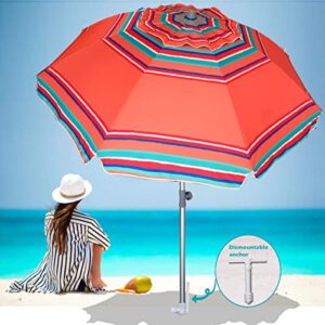 AMMSUN 7ft Heavy Duty HIGH Wind Beach Umbrella with sand anchor & Tilt Sun Shelter, UV 50+ Protection Outdoor Sunshade Umbrellas Carry Bag for Patio Garden Pool Backyard Multicolor Red