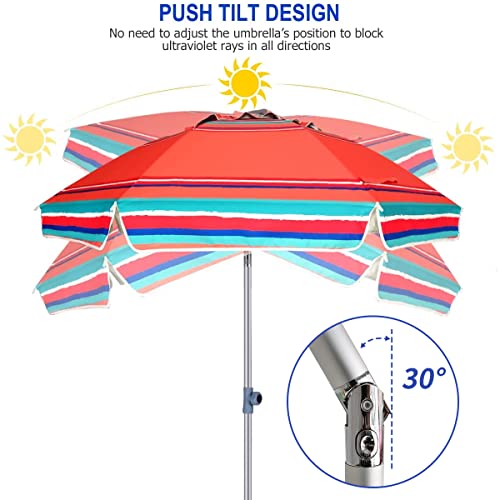 AMMSUN 7ft Heavy Duty HIGH Wind Beach Umbrella with sand anchor & Tilt Sun Shelter, UV 50+ Protection Outdoor Sunshade Umbrellas Carry Bag for Patio Garden Pool Backyard Multicolor Red