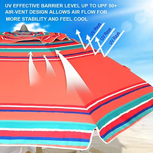 AMMSUN 7ft Heavy Duty HIGH Wind Beach Umbrella with sand anchor & Tilt Sun Shelter, UV 50+ Protection Outdoor Sunshade Umbrellas Carry Bag for Patio Garden Pool Backyard Multicolor Red