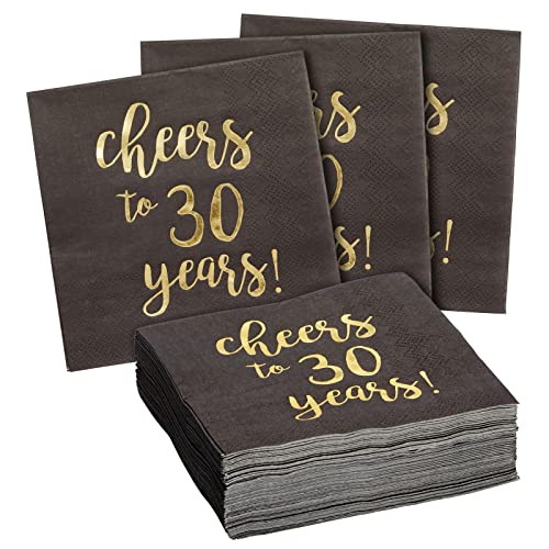 50 Pack Cheers to 30 Years Cocktail Napkins for 30th Birthday, Anniversary Party Supplies, 3-Ply, Black and Gold Foil (5 x 5 In)