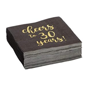 50 Pack Cheers to 30 Years Cocktail Napkins for 30th Birthday, Anniversary Party Supplies, 3-Ply, Black and Gold Foil (5 x 5 In)