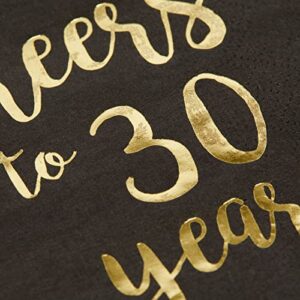 50 Pack Cheers to 30 Years Cocktail Napkins for 30th Birthday, Anniversary Party Supplies, 3-Ply, Black and Gold Foil (5 x 5 In)