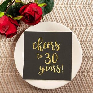 50 Pack Cheers to 30 Years Cocktail Napkins for 30th Birthday, Anniversary Party Supplies, 3-Ply, Black and Gold Foil (5 x 5 In)