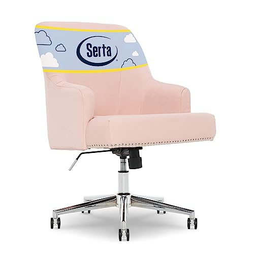 Serta Leighton Home Office Chair with Memory Foam, Height-Adjustable Desk Accent Chair with Chrome-Finished Stainless-Steel Base, Twill Fabric, Blush Pink 27.25D x 24W x 35.75H in