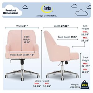 Serta Leighton Home Office Chair with Memory Foam, Height-Adjustable Desk Accent Chair with Chrome-Finished Stainless-Steel Base, Twill Fabric, Blush Pink 27.25D x 24W x 35.75H in