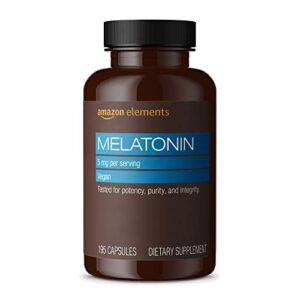 amazon elements melatonin 5mg, vegan, helps with occasional sleeplessness, 195 capsules, 6 month supply (packaging may vary)