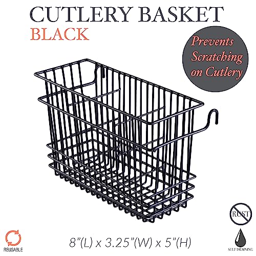 Kitchen Details Cutlery Basket | Hanging | Attach to Standard Dish Drying Rack | Utensil Caddy | Vinyl Coated | 3 Compartment | Black