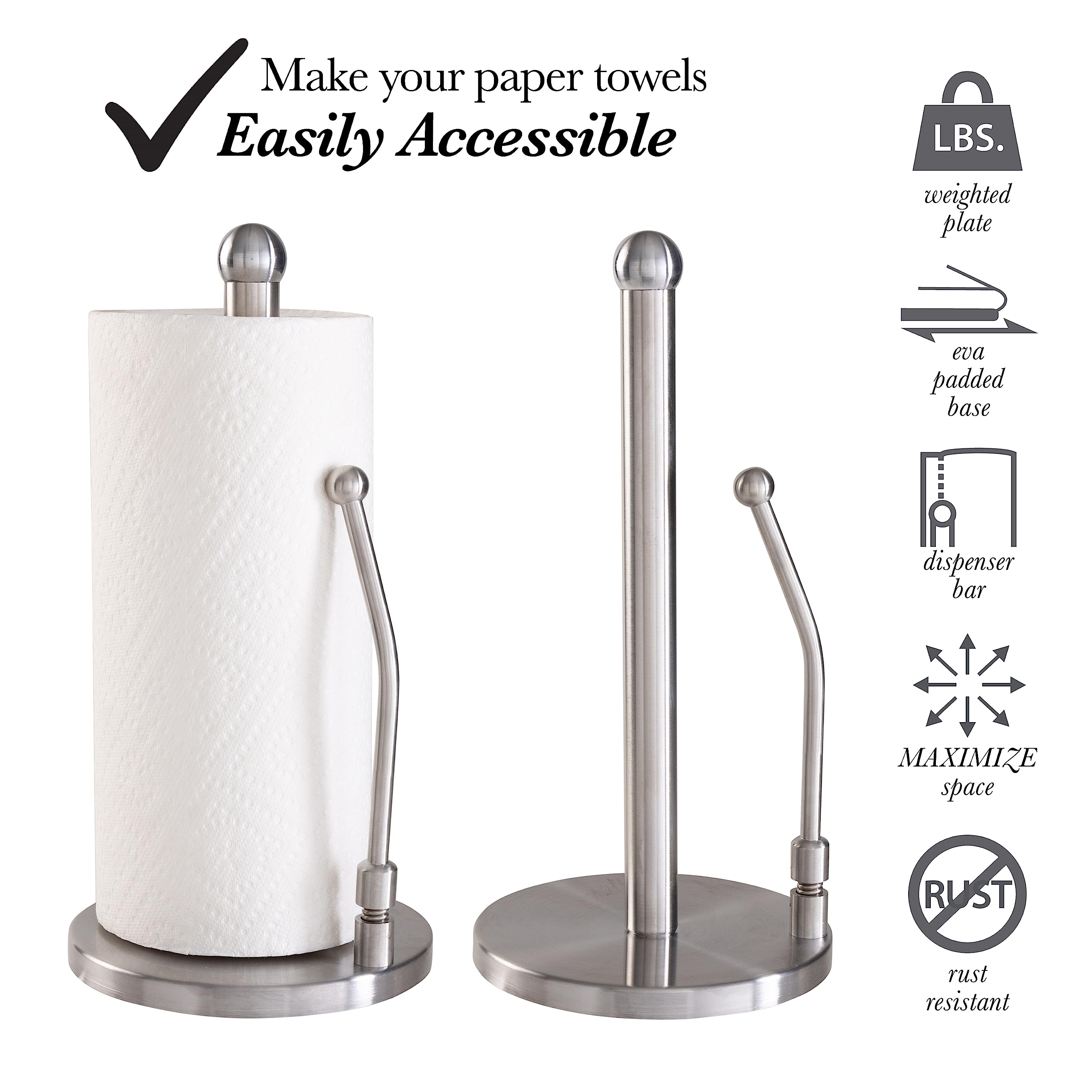 Kitchen Details Stainless Steel Paper Towel Holder | Tension Dispenser Bar | Easy Tear | Weighted Base | Standard Roll | Countertop