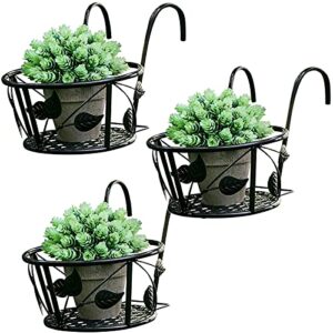 tosnail 3 pack 8" railing planter holder hanging flower stand balcony deck fence flower plant pots holder for indoor outdoor use - black