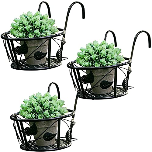 Tosnail 3 Pack 8" Railing Planter Holder Hanging Flower Stand Balcony Deck Fence Flower Plant Pots Holder for Indoor Outdoor Use - Black