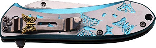 Femme Fatale – Spring Assisted Open Folding Pocket Knife – Black/Satin Finish Stainless Steel Blade, Blue/Silver Aluminum Handle w/ Butterflies, Pocket Clip, EDC, Self Defense – FF-A010LB