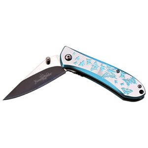 Femme Fatale – Spring Assisted Open Folding Pocket Knife – Black/Satin Finish Stainless Steel Blade, Blue/Silver Aluminum Handle w/ Butterflies, Pocket Clip, EDC, Self Defense – FF-A010LB