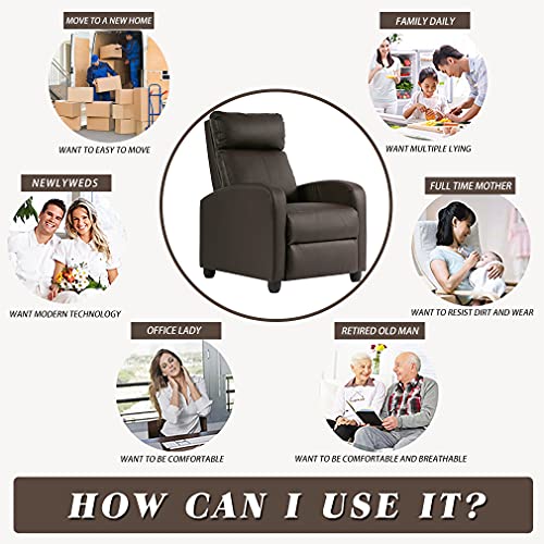 FDW Recliner Chair Single Reclining Sofa Leather Chair Home Theater Seating Living Room Lounge Chaise with Padded Seat Backrest (Brown)