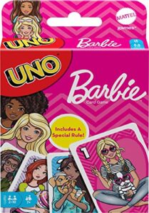 barbie uno card game for family night, travel game featuring barbie graphics & special rule for 2-10 players