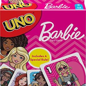 Barbie UNO Card Game for Family Night, Travel Game Featuring Barbie Graphics & Special Rule for 2-10 Players