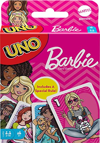 Barbie UNO Card Game for Family Night, Travel Game Featuring Barbie Graphics & Special Rule for 2-10 Players