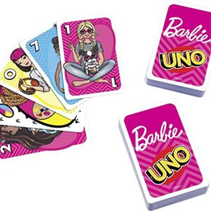 Barbie UNO Card Game for Family Night, Travel Game Featuring Barbie Graphics & Special Rule for 2-10 Players