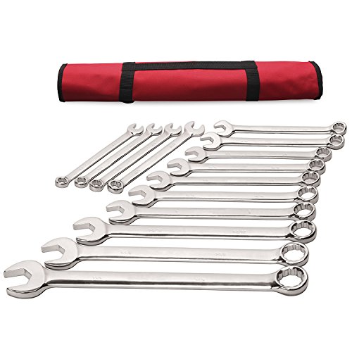 14-Piece Premium Extra Long Large Size SAE Inch Combination Wrench Set, Fractional Sizes from 3/8” up to 1-1/4” with Roll-up Pouch | Chrome Vanadium Steel, Mirror Chrome Finish, Unique V-Groove Design